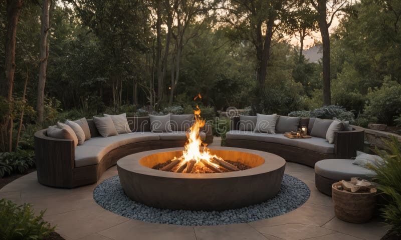 Cozy Outdoor Seating Area Features Circular Fire Pit with Warm Fire ...