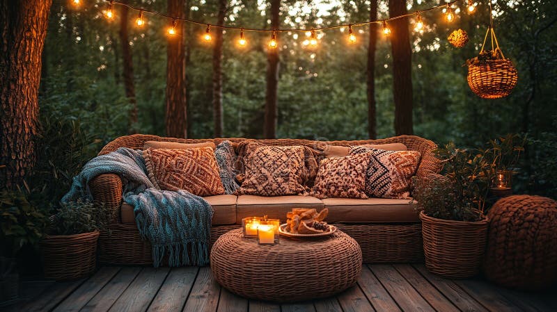 Cozy Outdoor Seating Area in a Forest Setting at Dusk Stock ...