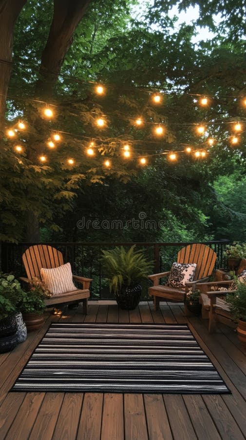 Cozy Outdoor Seating Area with String Lights and Greenery during the ...