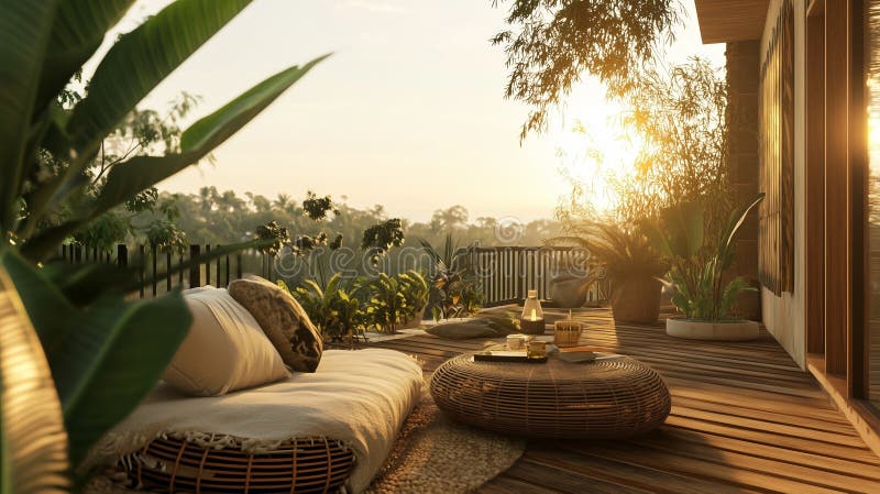 Cozy Outdoor Seating Area during Sunset Surrounded by Lush Greenery and ...