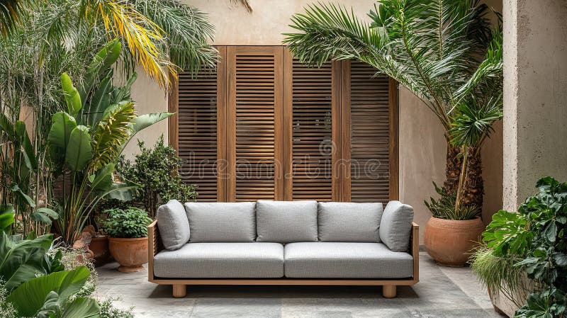 Cozy Outdoor Sofa in Tropical Garden Setting Stock Illustration ...