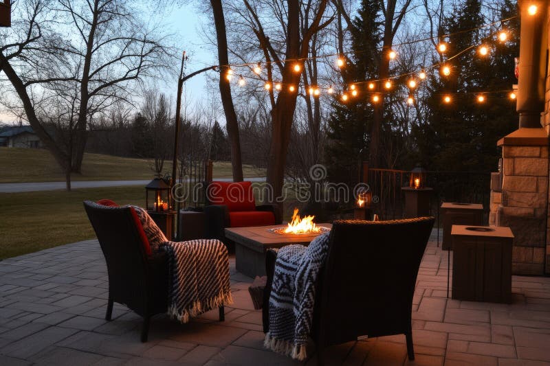Cozy Outdoor Patio Fire Pit Warm String Lights Evening Setting Stock ...