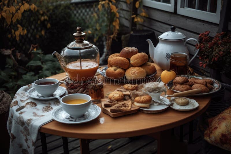 Cozy Outdoor Table Setting with Teapot, Tea Cups, and Pastries for ...