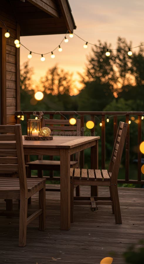 Cozy Outdoor Wooden Deck with Lanterns and String Lights at Sunset Stock Image - Image of nature ...