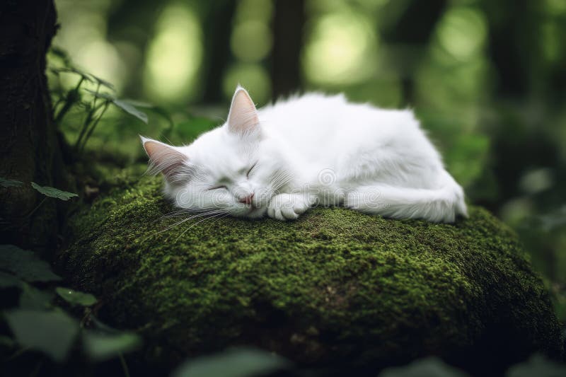 In a Cozy, Overgrown Nook by a Window, a Cute White Cat is Sleeping ...