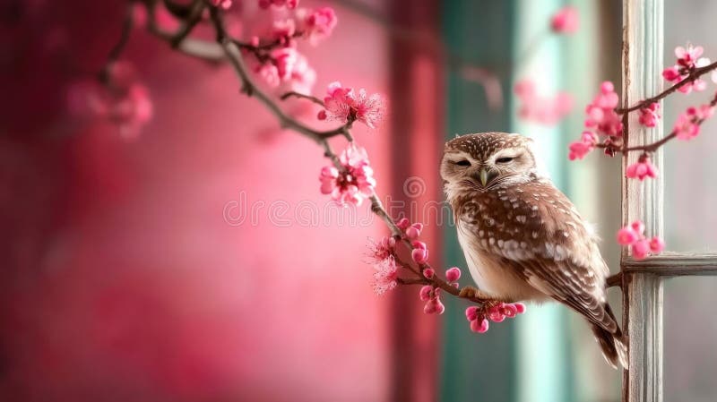 Cozy Owl Perched on Cherry Blossom Branch by Window Stock Photo - Image ...