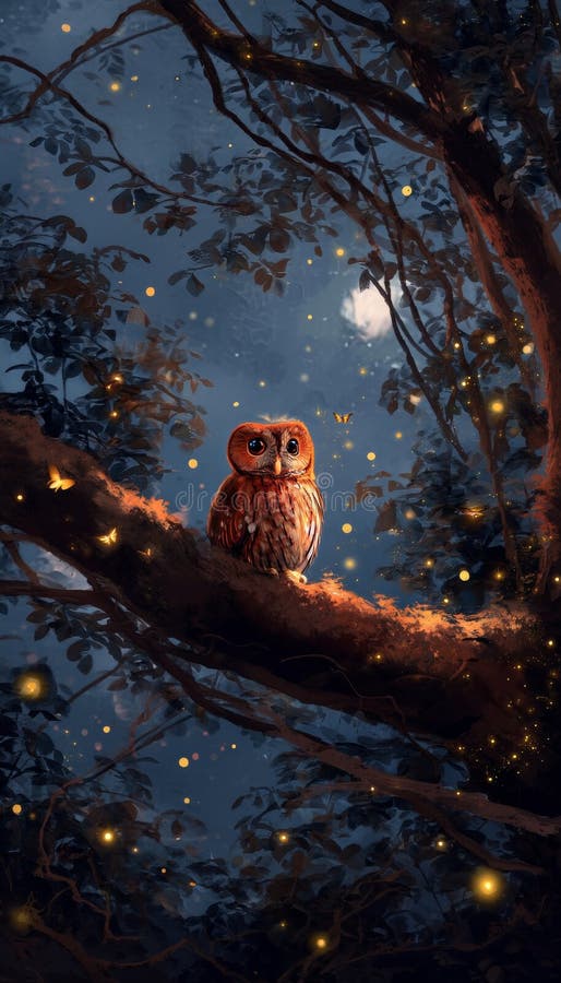 A Cozy Owl Perched on a Tree Branch Surrounded by Glowing Fireflies and ...