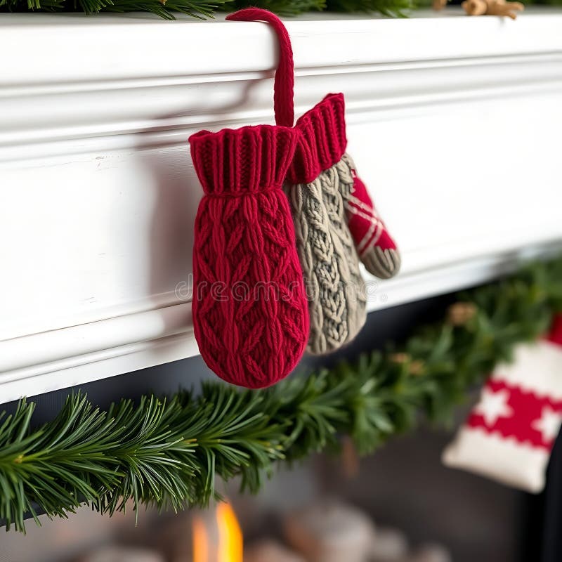 A Cozy Pair of Knitted Mittens Hanging from a Fireplace Mantle Stock ...