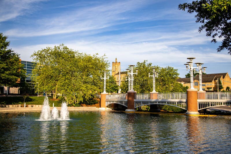 Cozy Park with a Lake, an Old Bridge and a Fountain Stock Image - Image ...
