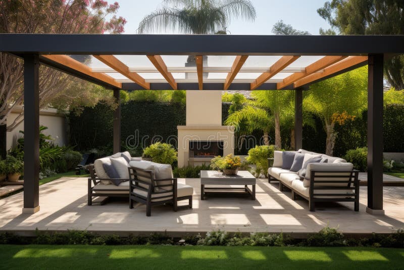 Cozy Patio with Sofas and a Table. Pergola Shade Over Patio Stock ...