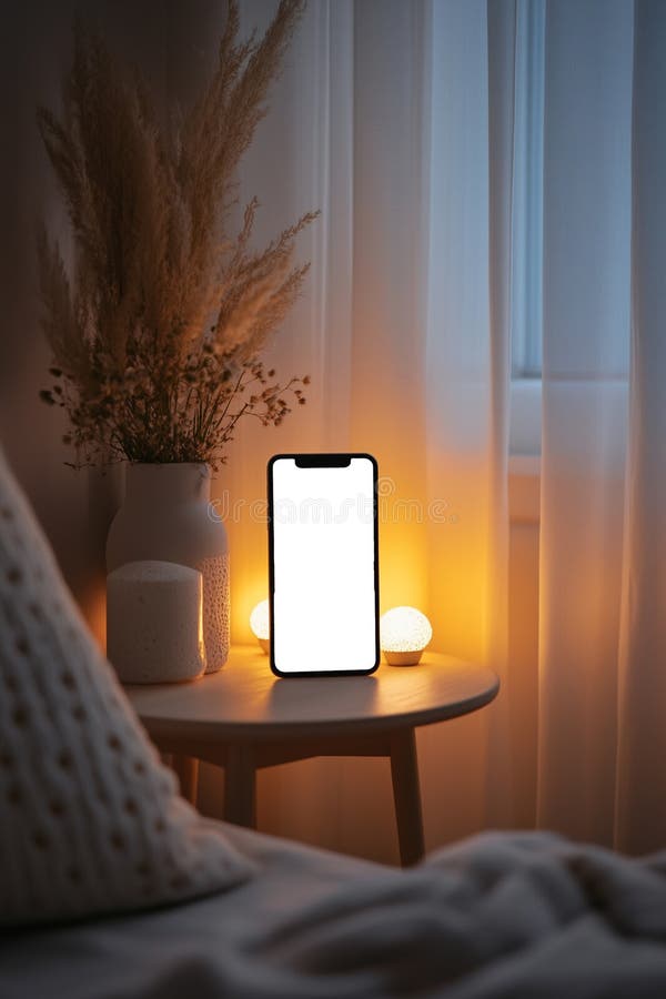 A Cozy Phone Mockup on a Bedside Table Stock Illustration ...