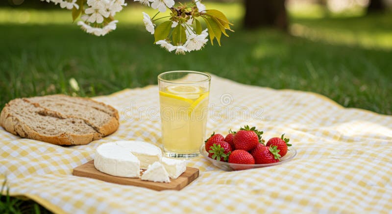 A Cozy Picnic Setup Features a Yellow Checkered Blanket Stock ...