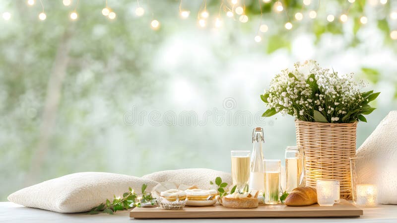 Cozy Picnic Setup with Low Table, Drinks, Snacks, and Flowers. Perfect ...