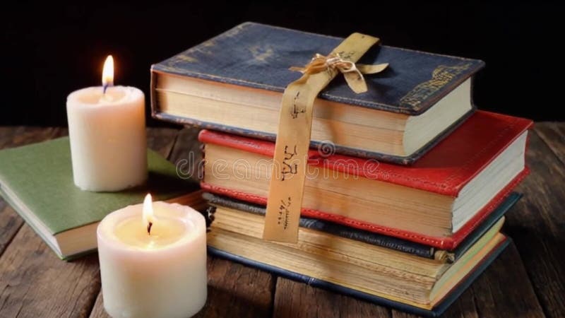 Cozy Pile of Books with Bookmarks and Candlelight on Rustic Table Stock ...