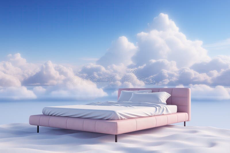 Cozy Pink Bed Cloudy Sky Background. Concept of Comfortable Sleeping ...