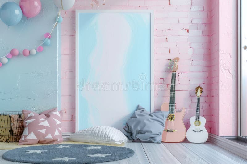 Cozy Pink and Blue Living Space with Musical Instruments and Soft Decor ...