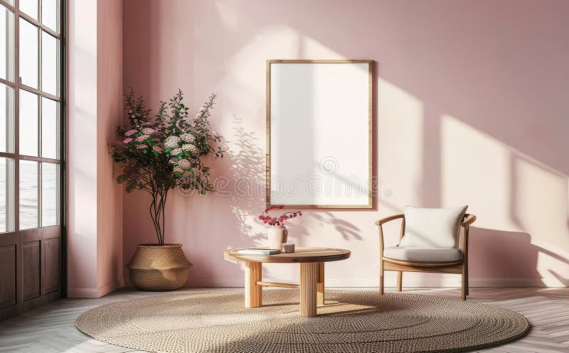 Cozy Pink Interior with Blank Frame Mockup, Plants and Chair Stock ...