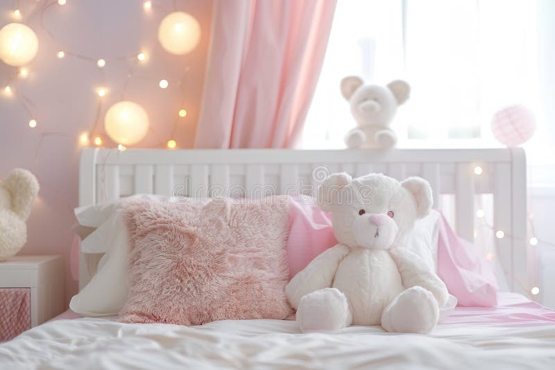 Cozy Pink Nursery with Stuffed Animals and String Lights in Soft ...