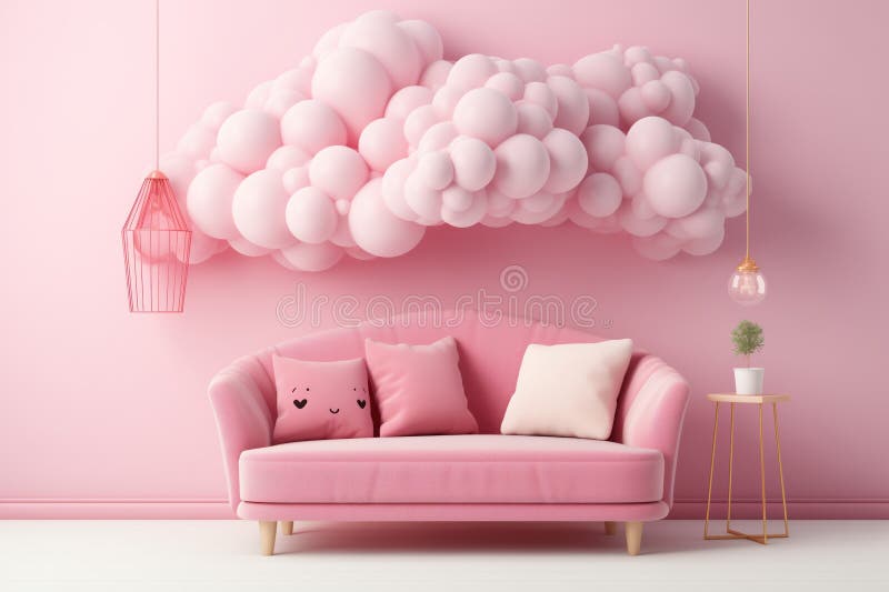 Cozy Pink Sofa in Girly Room with Pink Walls and Cloud Decorations ...