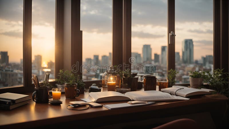 Cozy Place To Study, City View Outside Windows Stock Illustration ...