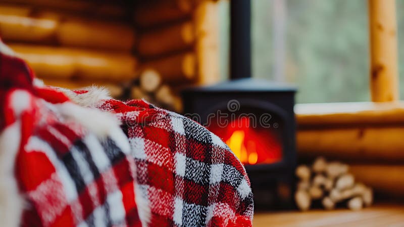 Cozy Plaid Blanket Near Cabin Fireplace Stock Photo - Image of home ...