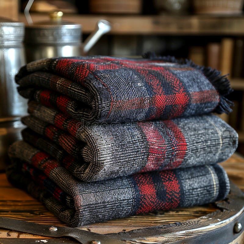 Cozy Plaid Blankets Stacked on a Rustic Wooden Table in a Warm Setting ...