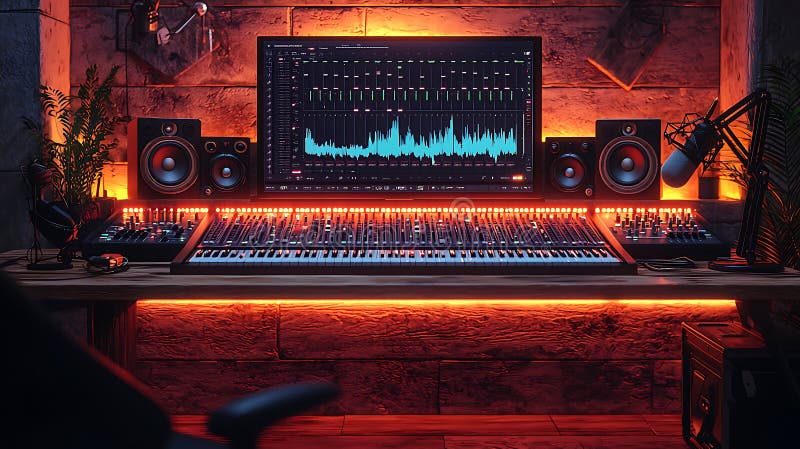 Cozy Podcast Control Room Featuring Glowing Audio Mixer, Speakers, and ...