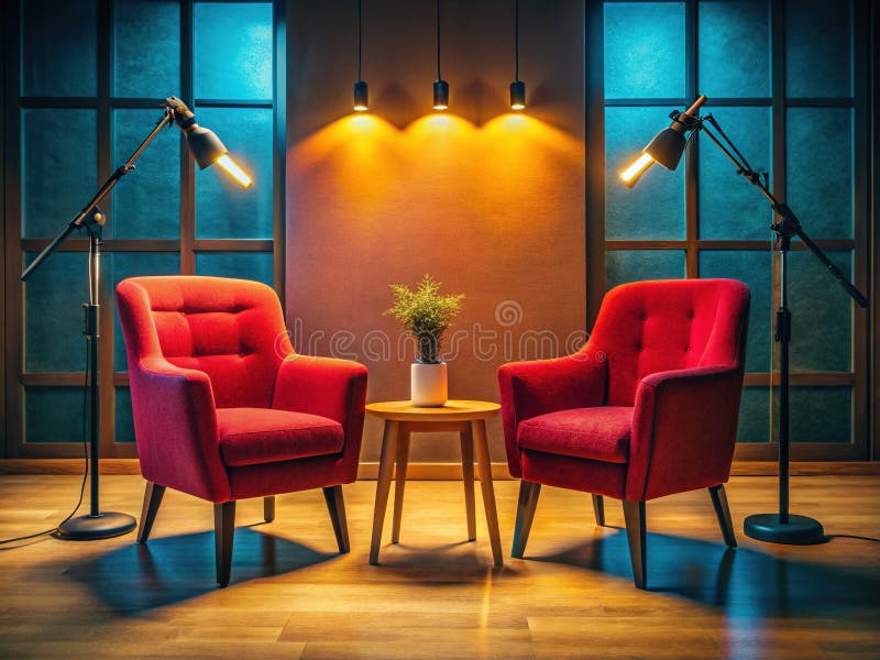 Cozy Podcast Recording Studio Red Armchairs Microphone and Warm ...