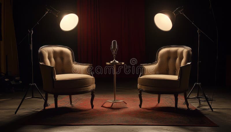 Cozy Podcast Setup with Two Chairs and Microphones in an Interview Room ...
