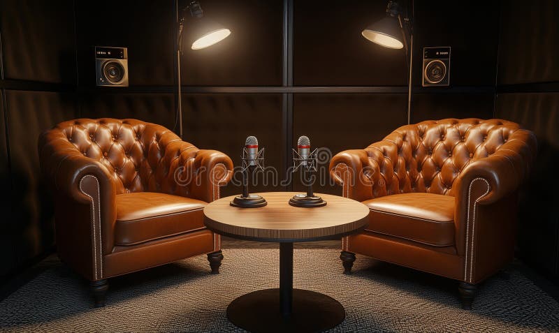 Cozy Podcast Studio with Leather Armchairs and Microphones for Engaging ...