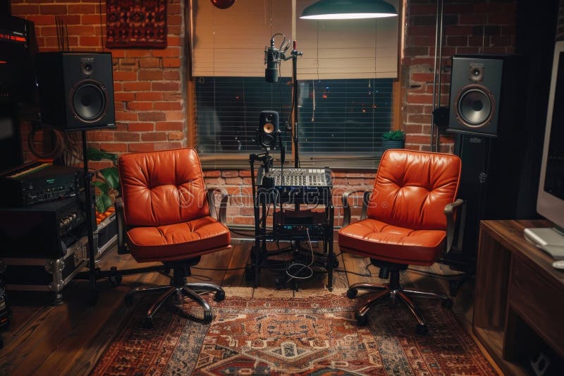 A Cozy Podcast Studio with Two Chairs and Two Microphones Stock Image ...