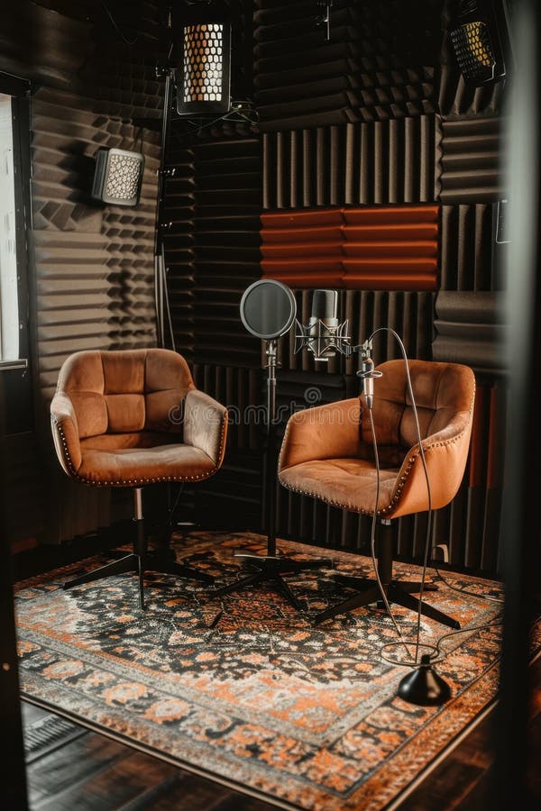 A Cozy Podcast Studio with Two Chairs and Two Microphones Stock Image ...