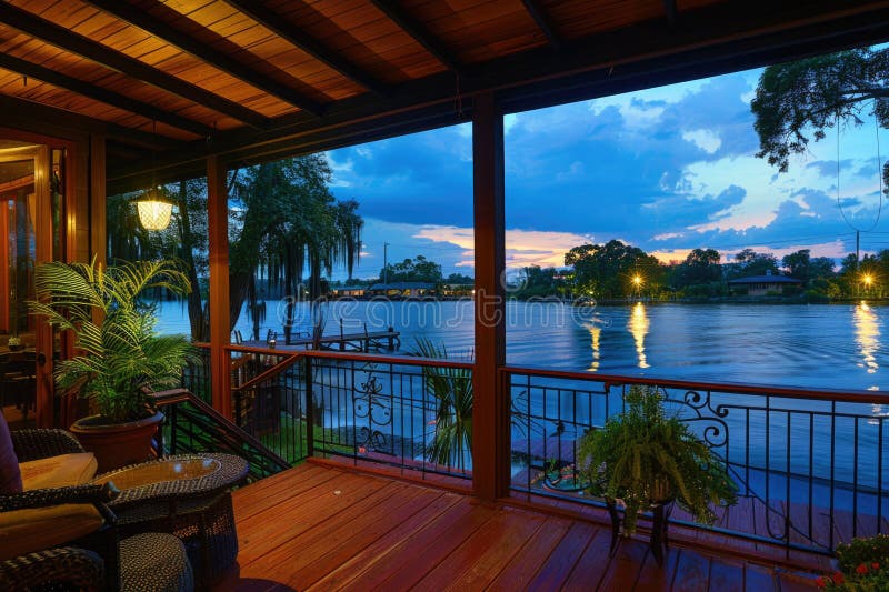A Cozy Porch Overlooking Calm Waters Stock Photo - Image of patio ...