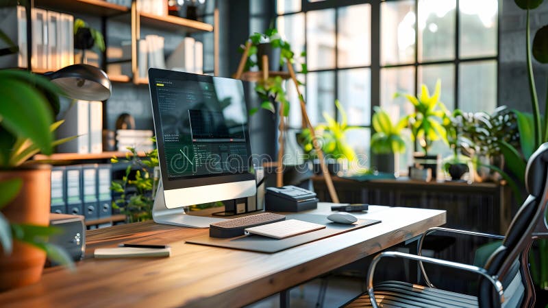 Cozy and Productive Hybrid Workspace with Laptop Computer Greenery ...