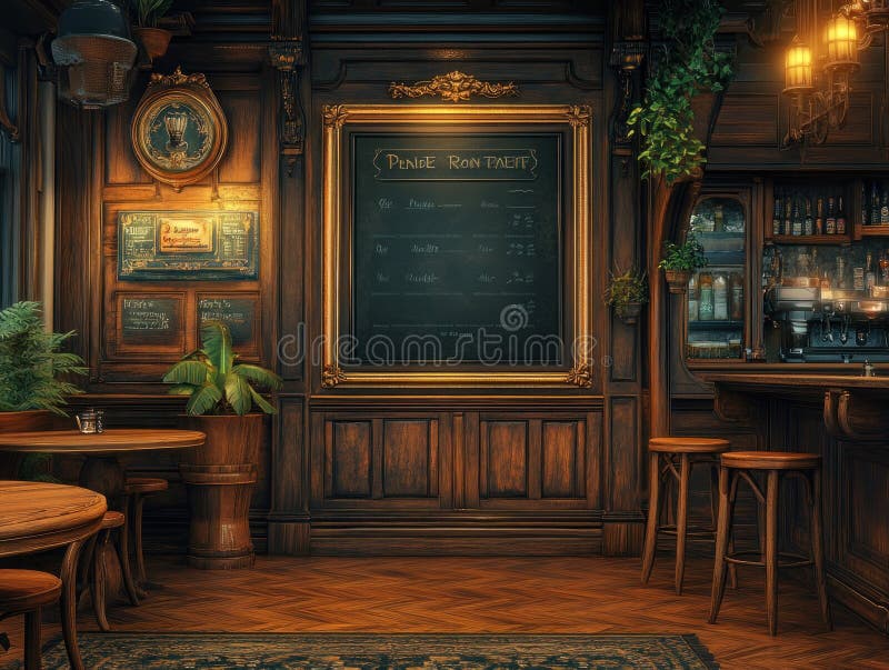 Cozy Pub Interior, Menu Board, Warm Lighting, Plants Stock Illustration ...