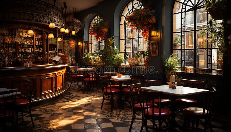 Cozy Pub with Modern Design, Illuminated by Elegant Lighting Generated ...