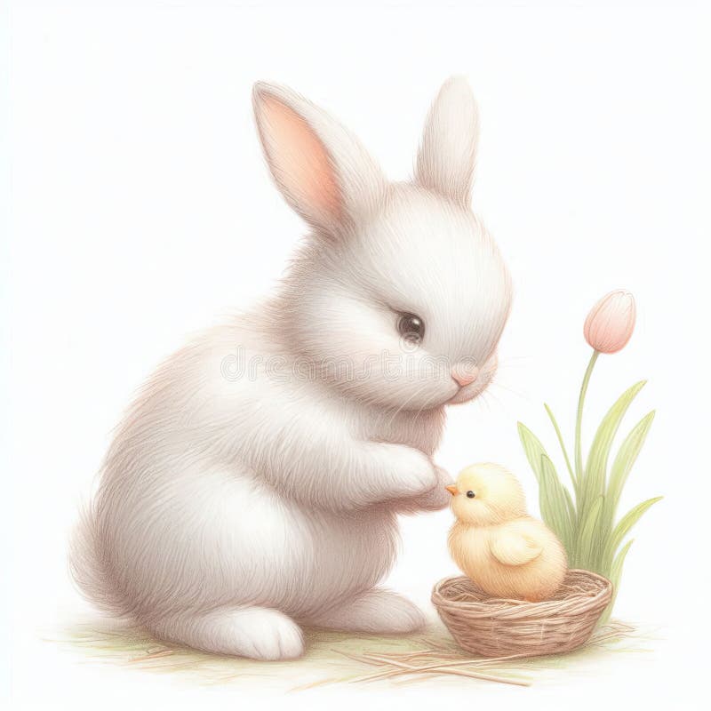Cozy Rabbit with a Tiny Chick Stock Illustration - Illustration of ...
