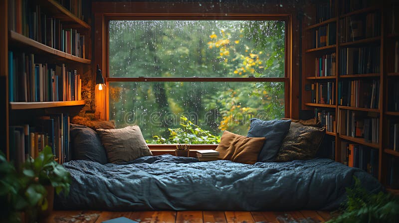 Cozy Rain Window Library Reading Nook Stock Illustration - Illustration ...