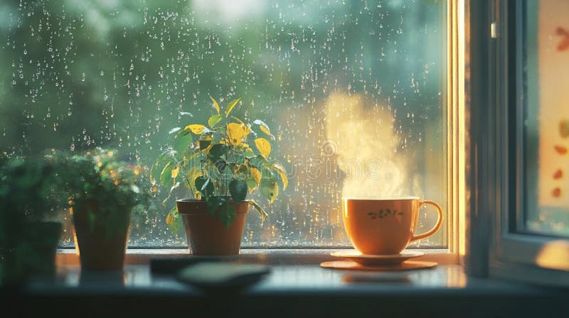 Cozy Rainy Day Window Scene Warm Drink Plants and Rain Stock ...