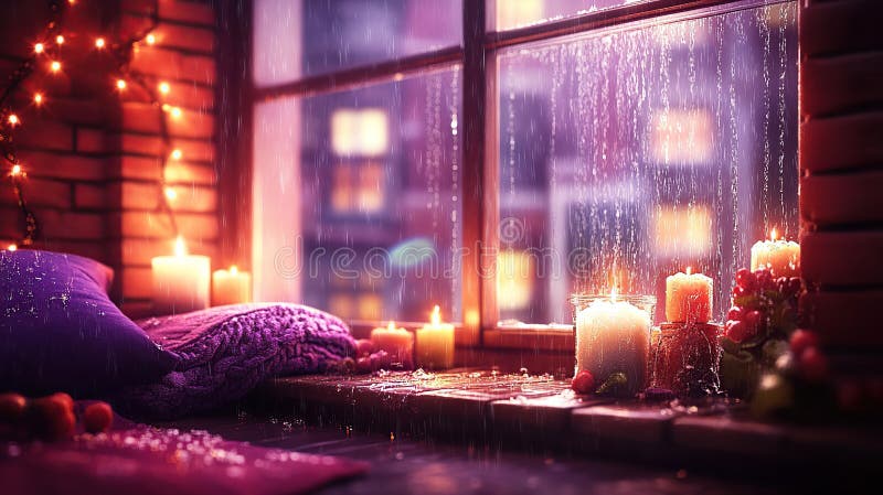 Cozy Rainy Night Window Scene Candles City Lights Stock Photos - Free ...