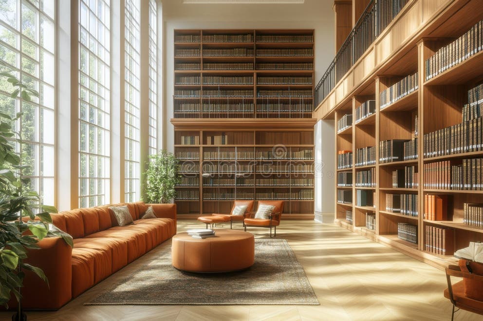 Cozy Reading Area in a Modern Library with Large Windows and Natural ...