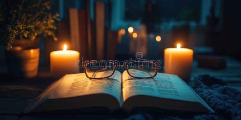 Cozy Reading Atmosphere with Open Book, Glasses, and Candles in Dim ...
