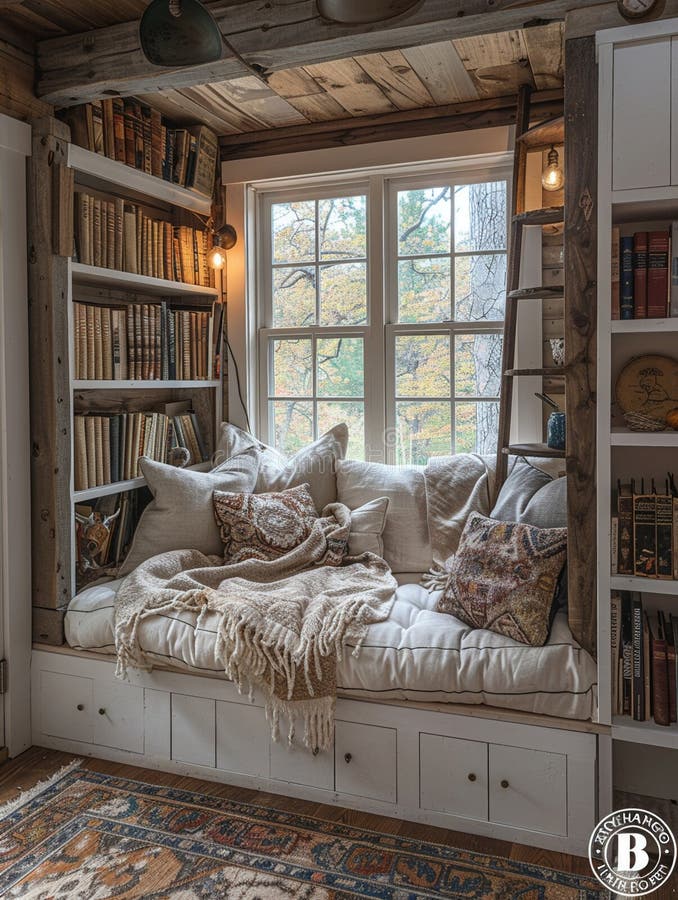 Cozy Reading Corner with Built-in Bookshelves Ladder Stock Photo ...