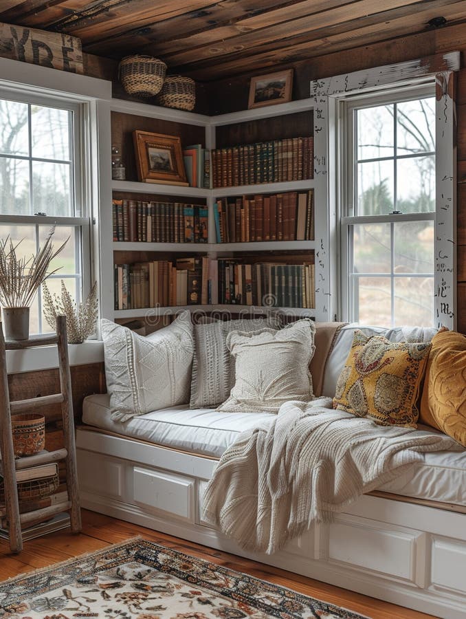 Cozy Reading Corner with Built-in Bookshelves Ladder Stock Image ...