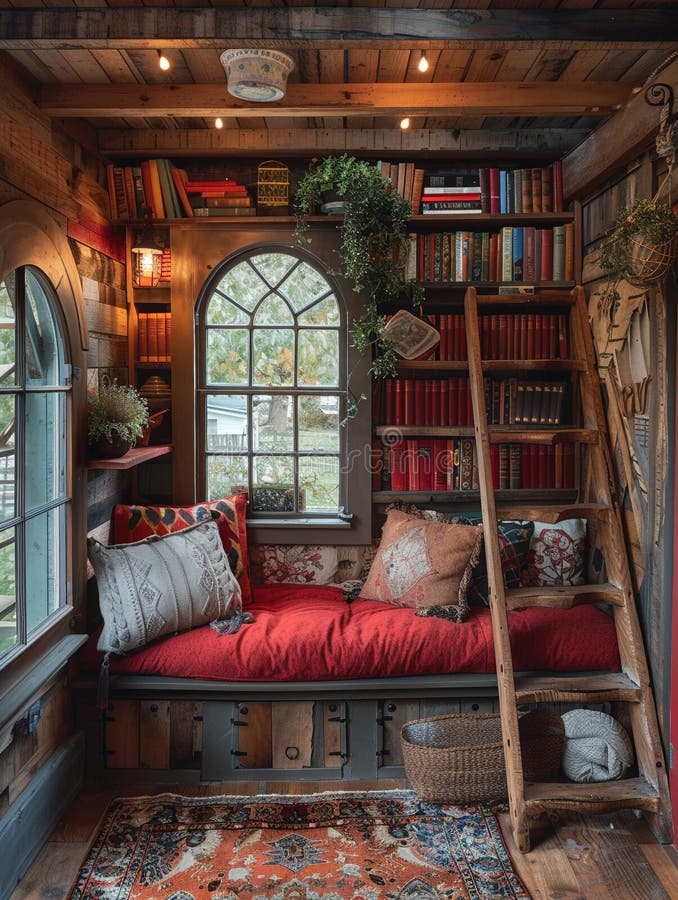 Cozy Reading Corner with Built-in Bookshelves Ladder Stock Image ...