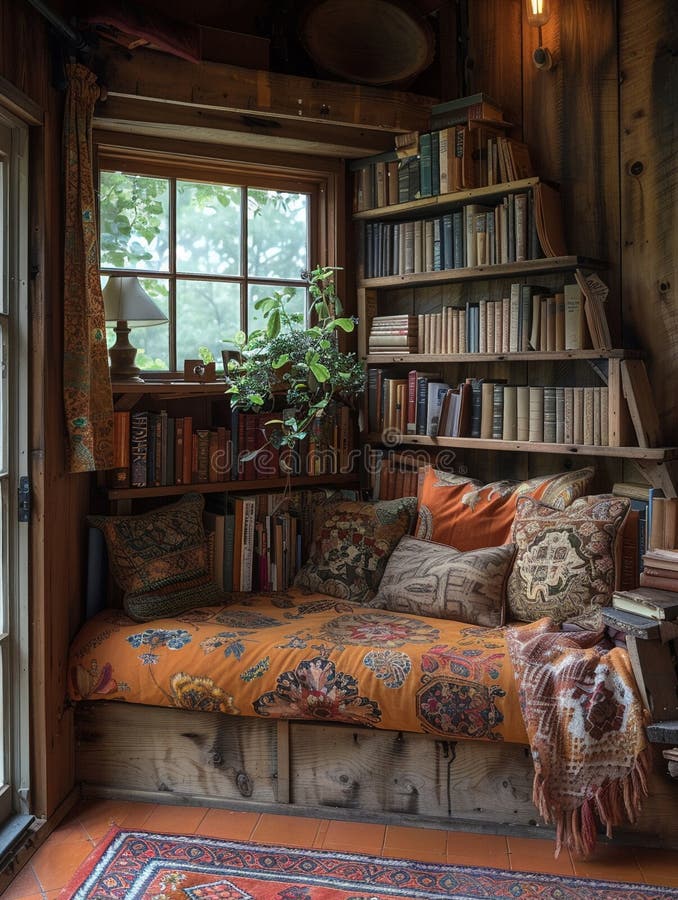 Cozy Reading Corner with Built-in Bookshelves Ladder Stock Photo ...