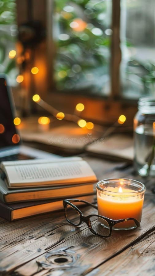 Cozy Reading Corner with Candle and Books on Wooden Table Stock Image ...