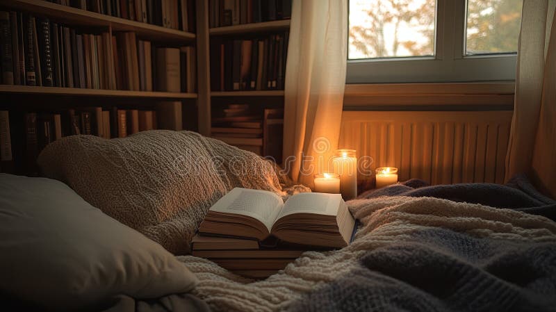 Cozy Reading Corner with Candlelight and Stacked Books. Stock Photo ...