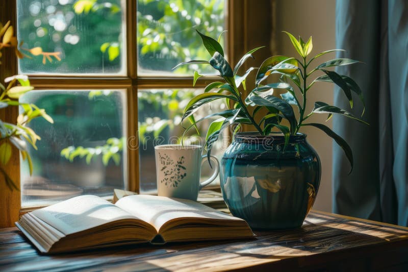 Cozy Reading Corner with Coffee and Plant Stock Illustration ...