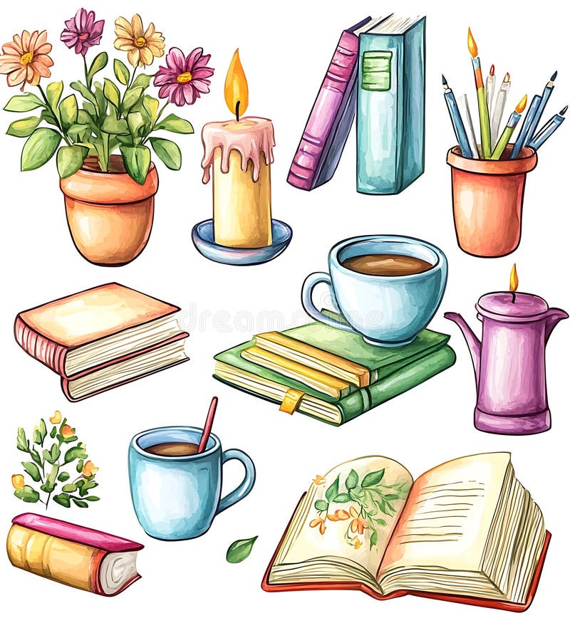Cozy Reading Corner Elements Books, Flowers, Candle, Coffee, Pencils ...